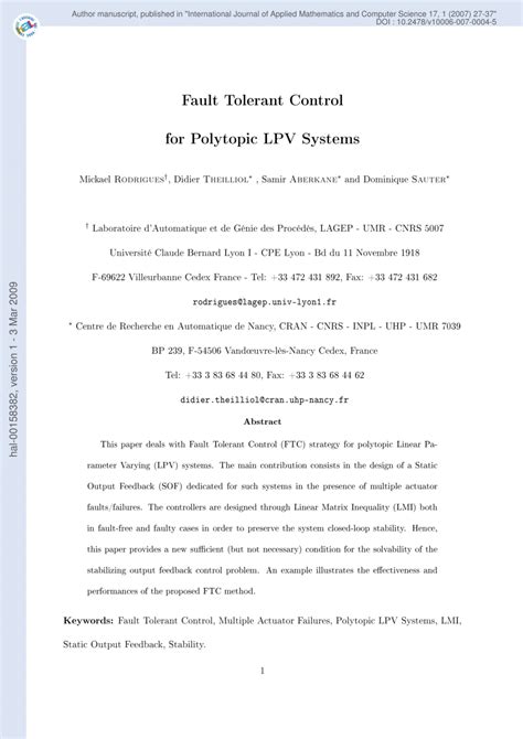 Pdf Fault Tolerant Control Design For Polytopic Lpv Systems