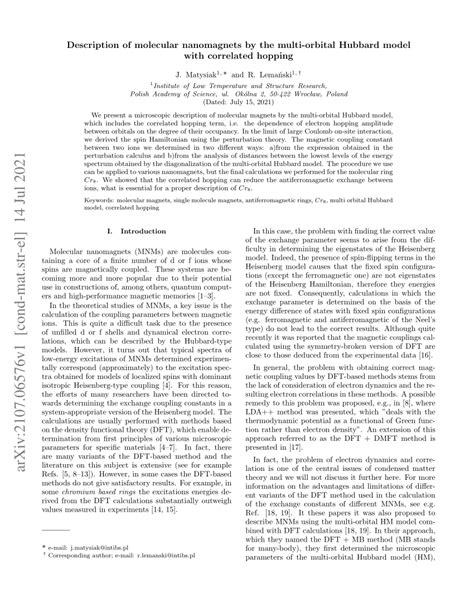 Pdf Description Of Molecular Nanomagnets By The Multi Orbital Hubbard Model With Correlated