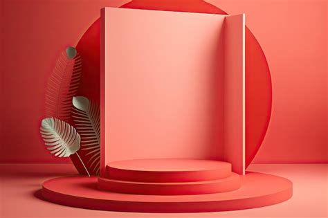 3d 파스텔 레드 포디움 디스플레이 자연 나무 스탠드 제품의 배경 Generative Ai 프리미엄 사진