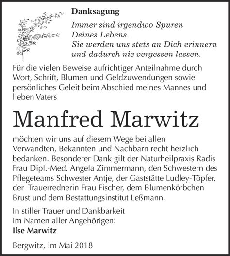 Traueranzeigen Von Manfred Marwitz Abschied Nehmende