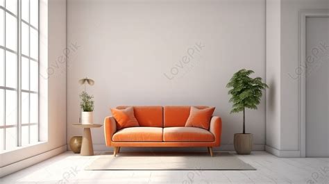 흰색 배경에 활기찬 오렌지색 소파와 안락의자가 있는 현대적인 거실의 세련된 3d 렌더링 거실 배경 흰색 거실 배경 현대적