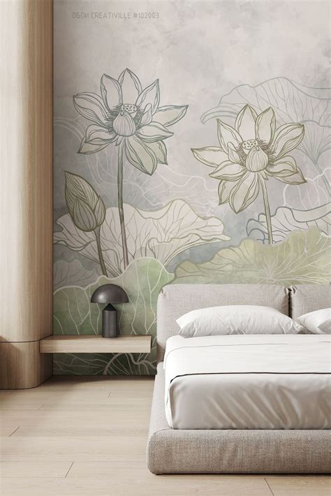 Фреска с лотосами в интерьере современной спальни Цвета стены в спальне Интерьеры спальни