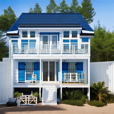 A Beach House With A White Exterior Blue Shutters And A Rooftop Deck4