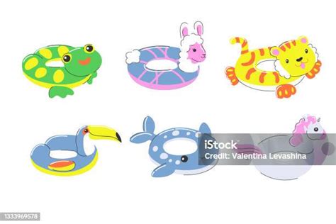 팽창식 고무 수영 링 여름 물 해변 장난감 개구리 유니콘 알파카 라마 호랑이 투칸 고래의 형태로 동그라미 흰색에 만화 플랫 스타일로 스톡 벡터 일러스트레이션 세트 고무에