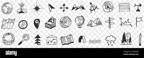 Navigation Tools And Equipment Doodle Set Collection Of Hand Drawn Maps Globes Arrows Compass