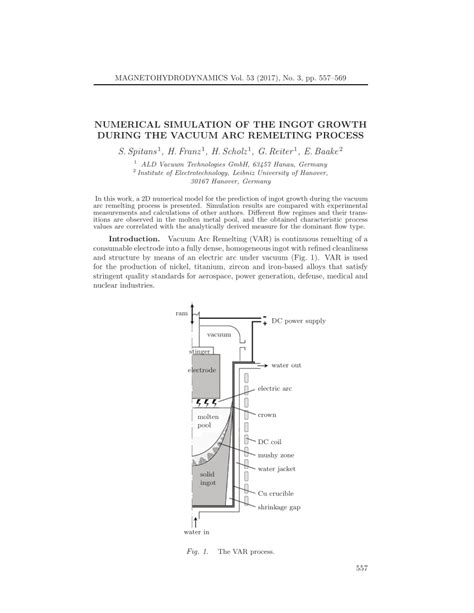 Pdf Numerical Simulation Of The Ingot Growth During The Vacuum Arc Remelting Process