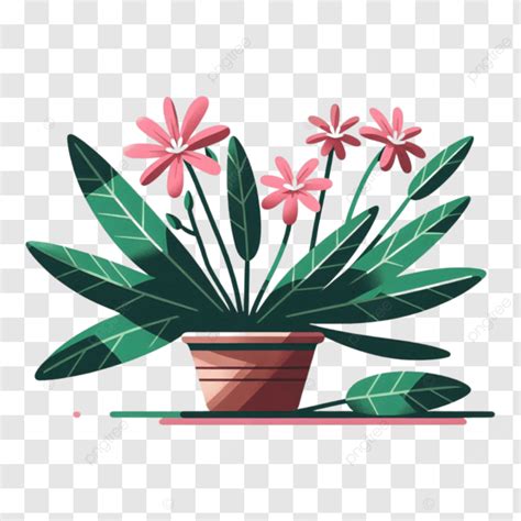 녹색 잎 일러스트와 함께 화분에 핑크 꽃 푸른 잎 지독한 화분에 심은 식물 Png 일러스트 및 이미지 에 대한 무료
