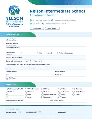 Fillable Online Nelson Intermediate School Enrolment Form