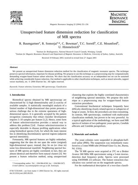 Pdf Unsupervised Feature Dimension Reduction For Classification Of Mr
