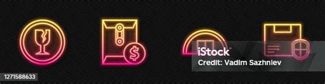 세트 라인 창고 깨지기 쉬운 깨진 유리 달러 기호와 배달 보안 쉴드가있는 봉투 빛나는 네온 아이콘 벡터 0명에 대한 스톡 벡터 아트 및 기타 이미지 Istock