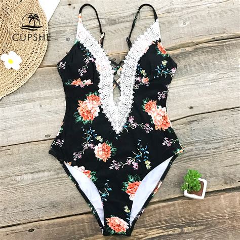 Cupshe Floral Print Lace One Piece Swimsuit Women V Neck Backless Monokini Bathing Suits 2019