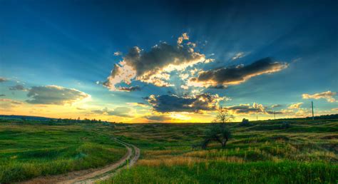 푸른 하늘과 낮 동안 흰 구름 아래 푸른 잔디 밭 사진 Unsplash의 무료 해질녘 이미지