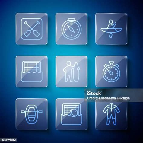 노 수구 스쿠버 다이빙을위한 잠수복 카약과 패들 서핑 보드 패들 및 스톱 워치 아이콘이있는 세트 라인 보트 벡터 0명에 대한 스톡 벡터 아트 및 기타 이미지 Istock