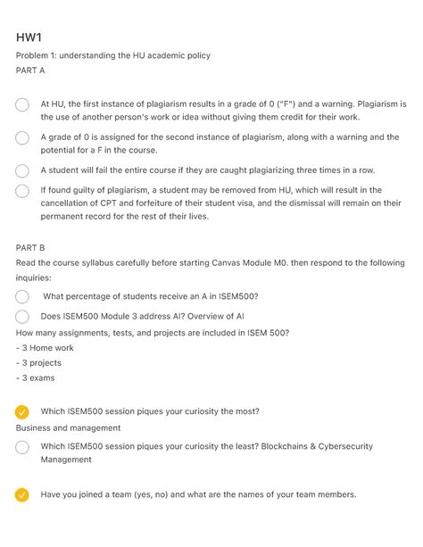 HW Homework HW Problem Understanding The HU Academic Policy PART A At HU The First