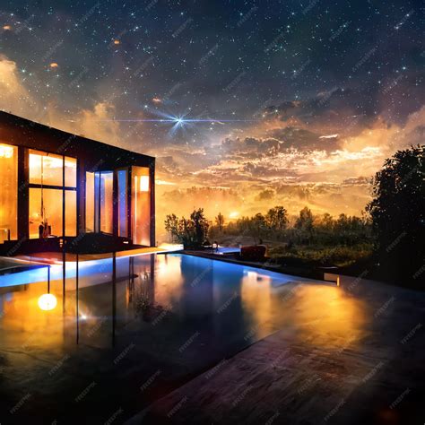 Premium Photo Starry Night Sky Moon Light Luxury Resort Swim Pool And