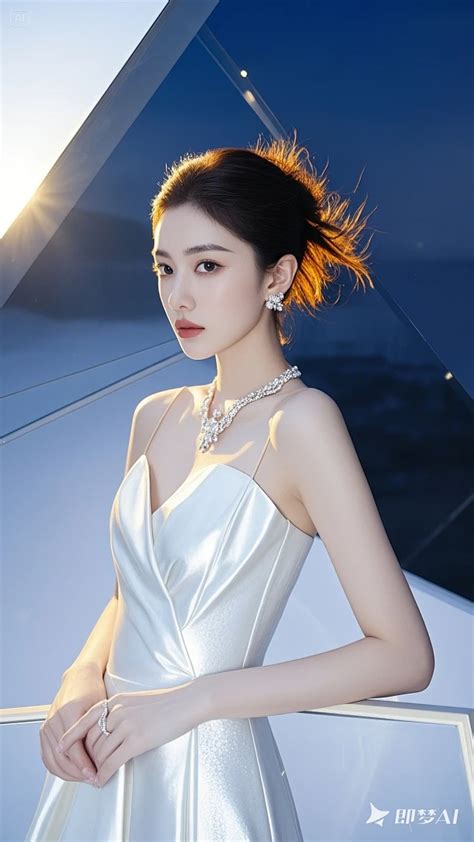 亚洲女性身穿白色光泽礼服正面站立，55mm镜头大光圈拍摄，冷白皮肌肤细腻透亮，发丝与轮廓光呈现金色光晕，背景纯白超现实渐变玻璃装饰漂浮，珠宝耳饰与项链点缀贵气，蓝 16 花瓣网