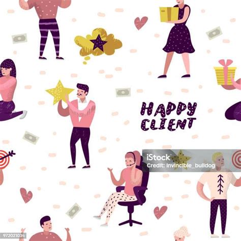해피 클라이언트 만화 완벽 한 패턴입니다 선물 상자를 가진 여자입니다 세일즈 맨 문자 판매 고객 서비스입니다 벡터 일러스트 레이 션 개념에 대한 스톡 벡터 아트 및 기타