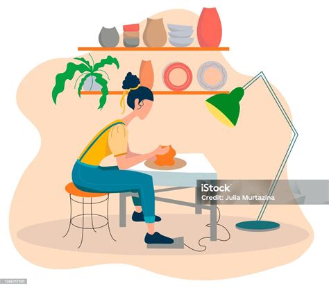 도자기 취미 세라믹 공예 마스터 도자기 도자기 예술가 또는 냄비 장인 워크샵 플랫 벡터 일러스트 가공의 인물에 대한 스톡 벡터 아트 및 기타 이미지 Istock