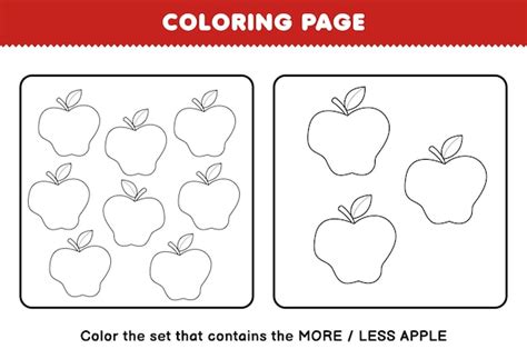 만화 사과 과일 라인 아트 세트 인쇄용 워크 시트의 페이지를 색칠하는 어린이를위한 교육 게임 프리미엄 벡터