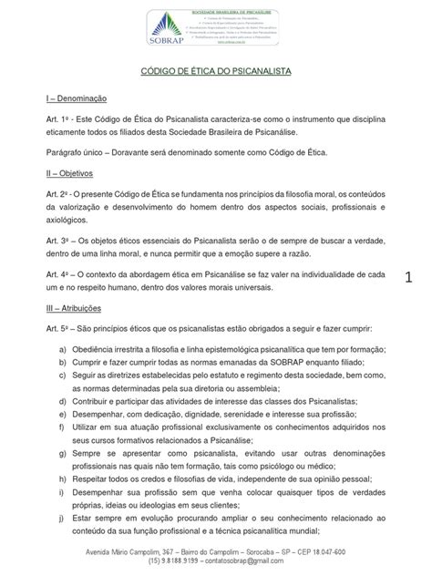 Código De Ética Do Psicanalista Pdf Psicanálise Psicologia