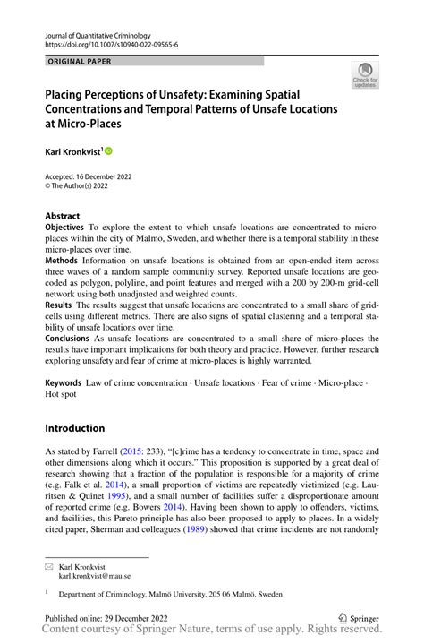 Pdf Placing Perceptions Of Unsafety Examining Spatial Concentrations And Temporal Patterns Of