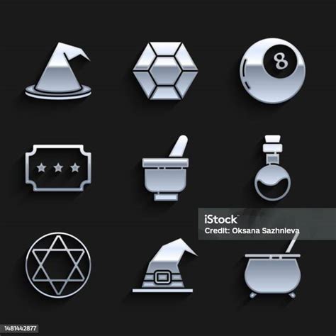 마법 박격포와 유봉 마녀 모자 가마솥 사랑의 묘약이 든 병 다윗의 별 티켓 공 예측 및 아이콘을 설정하십시오 벡터 가마솥에 대한 스톡 벡터 아트 및 기타 이미지 Istock