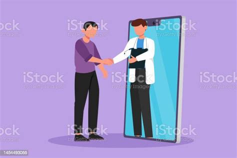 캐릭터 플랫은 남성 환자가 서서 스마트폰에서 나와 클립보드를 들고 있는 남성 의사와 악수하고 있다 온라인 의료 상담 개념입니다 만화 디자인 벡터 일러스트 레이 션 개념에