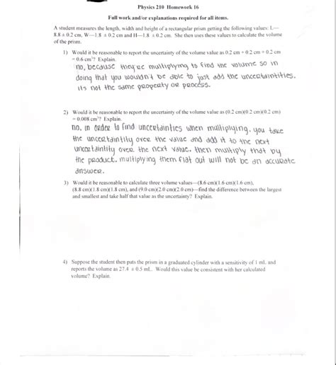 Solved A Student Measures The Length Width And Height Of A Chegg