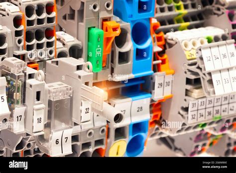 View Of Communication Port Module On PLC Unit In Control Box Of Automation Machine Stock Photo