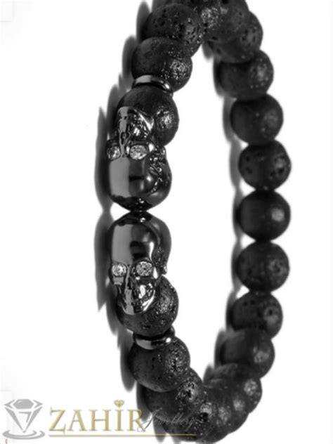 Впечатляваща гривна с 2 черни черепа с кристални очи и черни лава топчета 8 мм 7 дължини