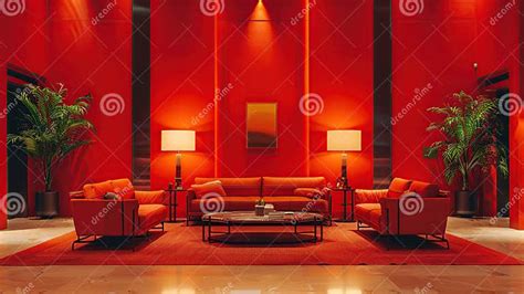 A Red Modern Lounge With Two Armchairs A Sofa Two Lamps And Two