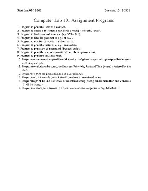 Computer Lab 101 Assignment Programs Start Date01 12 2021 Due Date