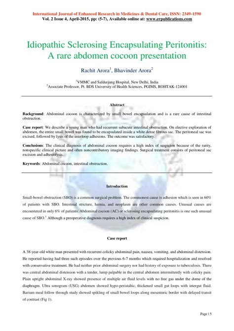 Pdf Idiopathic Sclerosing Encapsulating Peritonitis A Rare Abdomen Cocoon Presentation