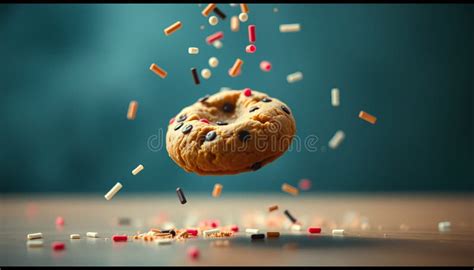 Levitating Cookie Spinning In Slow Motion With Sprinkles Suspended Mid Air Captured In A