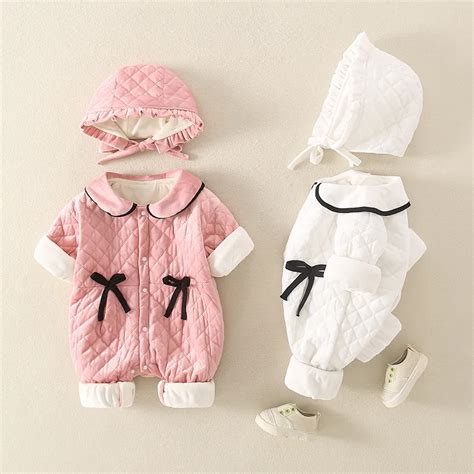 겨울 신생아 여아용 롬퍼 보우 두꺼운 코튼 따뜻한 어린이 점프수트 오버올 세트 한국 스타일 여아용 롬퍼 모자 Aliexpress