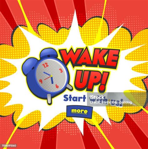 만화 알람 시계 울림 과 식 음성 거품 웨이크 업 텍스트와 배경 하프 톤 배경에 손으로 그린 복고풍 만화 팝 아트 스타일에 벡터