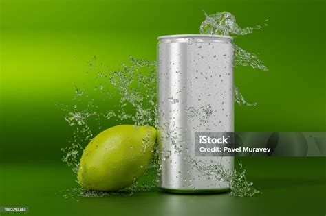 모형 금속 깡통과 녹색 배경에 레몬 주위에 신선한 물이 튀었다 빈 금속은 레몬과 함께 레모네이드를 할 수 있습니다 3d 렌더링 3차원 형태에 대한 스톡 사진 및 기타 이미지
