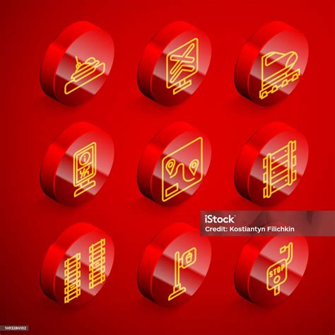 음식 철도 건널목 고속 열차 안내소 노선 위치 철도 철도 트랙 및 카페 레스토랑 아이콘으로 라인 플레이트를 설정합니다 벡터 3차원 형태에 대한 스톡 벡터 아트 및 기타