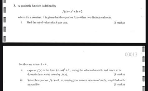Solved 3 A Quadratic Function Is Defined By F X X² Kx 2