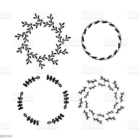 꽃무늬 손으로 그린 브러쉬의 블랙 세트는 둥근 프레임 흰색 배경에 낙서 스타일의 요소와 경계를 합니다 결혼 초대 섬유 인사말을위한 밀 옥수수 벡터 일러스트의 베리 크리스마스
