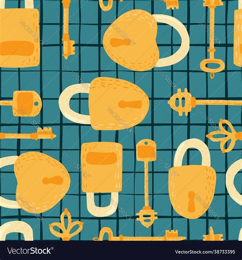 Key And Lock Seamless Pattern On Lines Background Vector Image