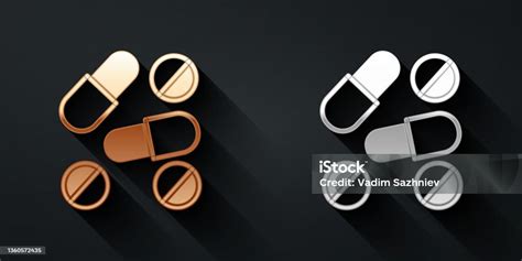검은 색 배경에 고립 된 금과 은 의학 알약 또는 태블릿 아이콘 캡슐 알 약 및 약물 기호 약국 디자인 긴 그림자 스타일 벡터 0명에 대한 스톡 벡터 아트 및 기타 이미지
