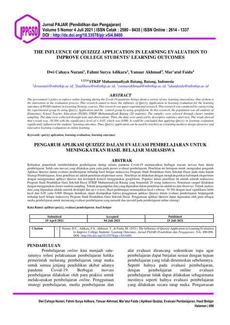 Pdf The Influence Of Quizizz Application In Learning Evaluation To Improve Learning Outcomes