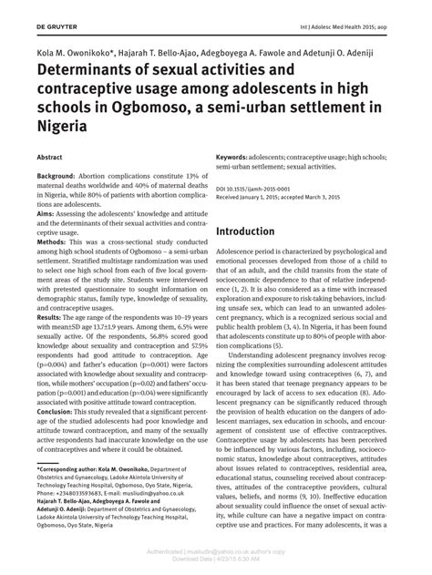 PDF Determinants Of Sexual Activities And Contraceptive Usage Among Adolescents In High