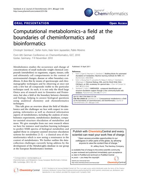 Pdf Computational Metabolomics A Field At The Boundaries Of