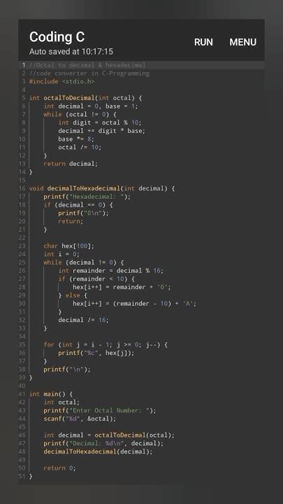 Octal To Hexadecimal And Decimal Code Converter In C Programming Octaltohexadecimal Beginners