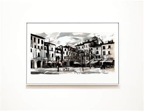 Vintage Old Town Square Black And White Sketch Art Print Nostalgia