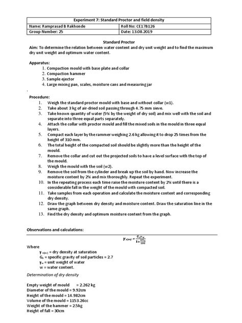Proctor Test And Field Density Tests Pdf Density Soil