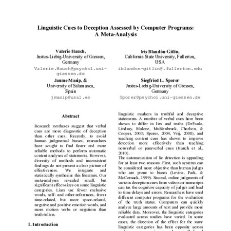 Linguistic Cues To Deception Assessed By Computer Programs A Meta Analysis Acl Anthology