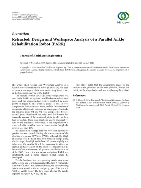 Pdf Retracted Design And Workspace Analysis Of A Parallel Ankle Rehabilitation Robot Parr